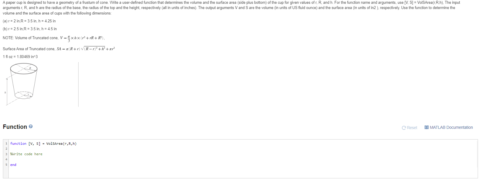Solved volume and the surface area of cups with the | Chegg.com