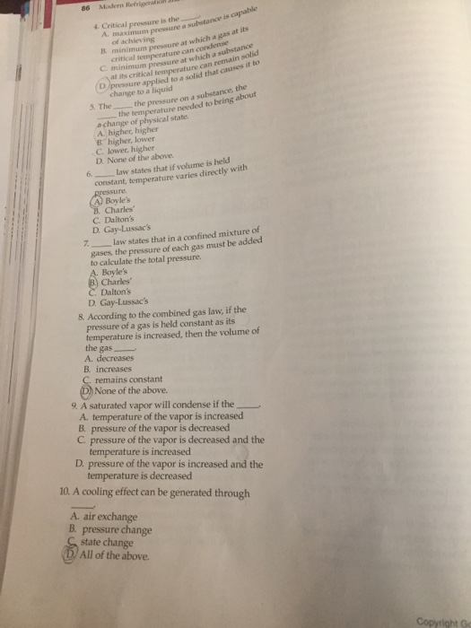 Solved 86 Modern Refrigerai 4 Critical pressure is the | Chegg.com