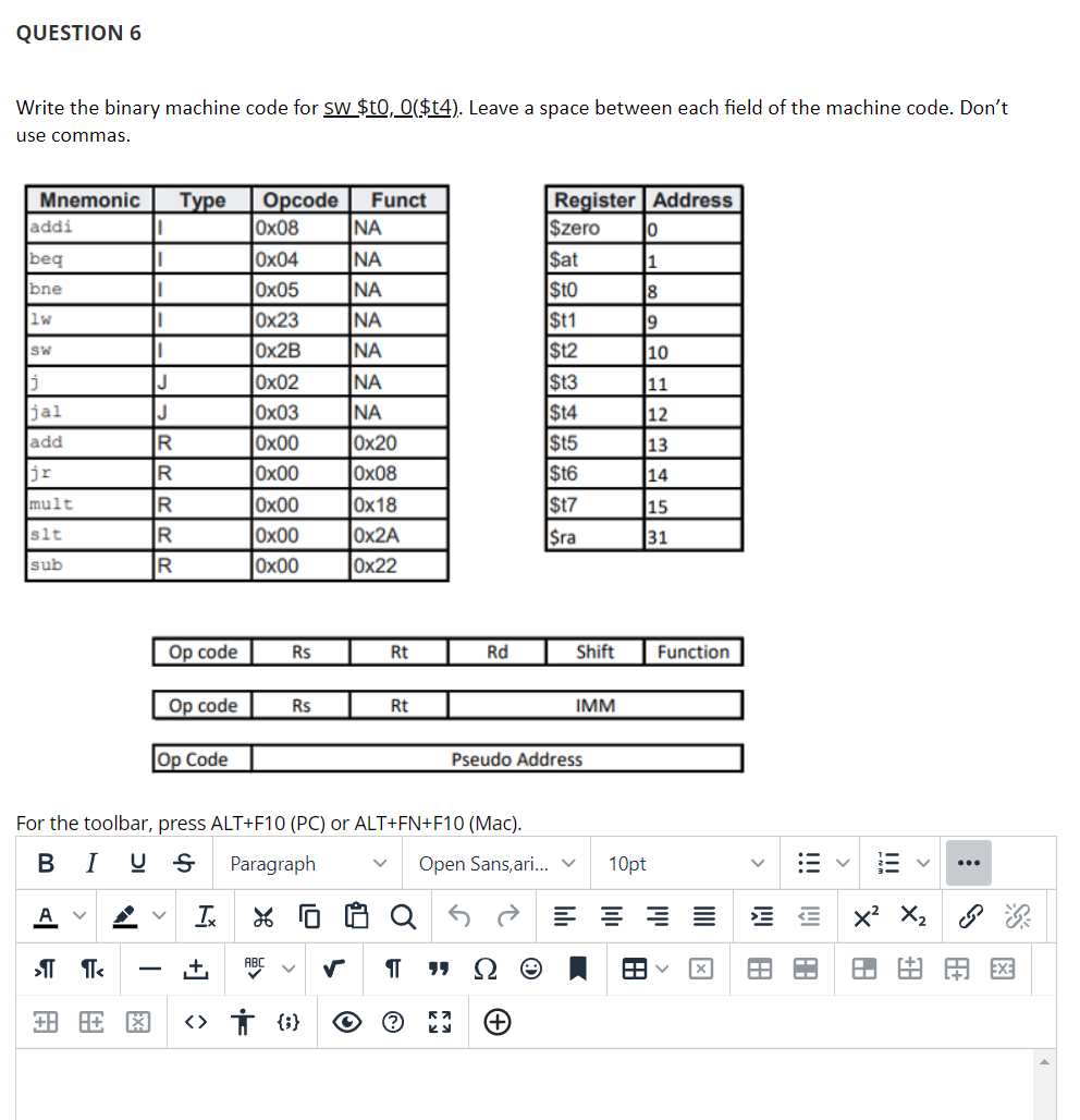 Solved QUESTION 6 ﻿Write the binary machine code for sw | Chegg.com