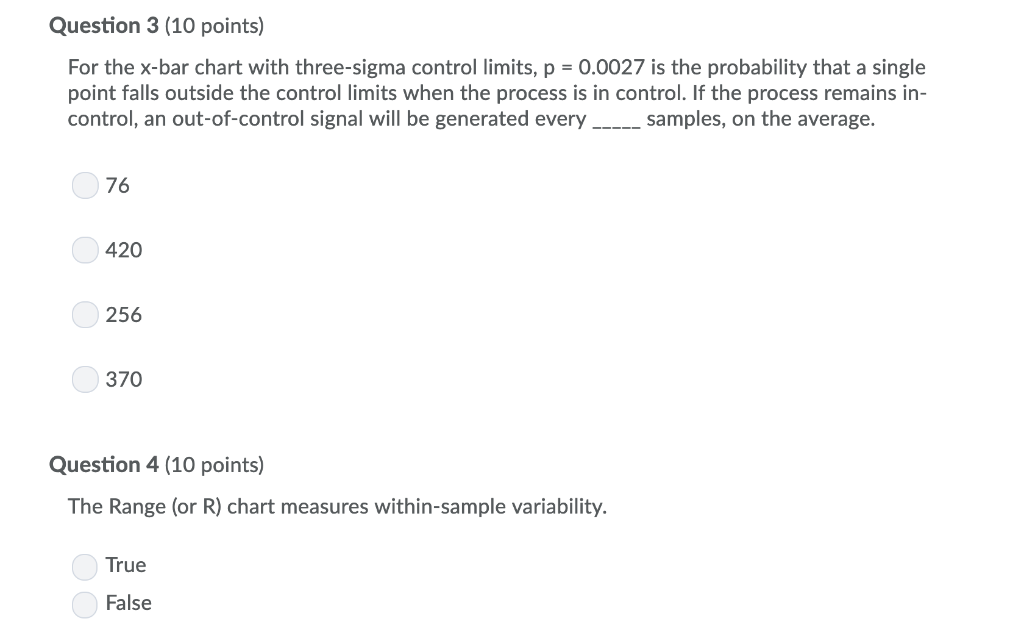 Solved Question 3 (10 points) For the x-bar chart with | Chegg.com