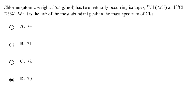 Solved Chlorine (atomic weight: 35.5 g/mol) has two | Chegg.com