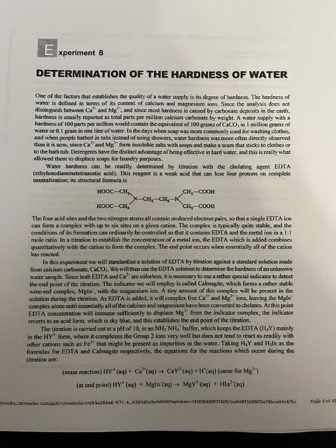 Solved Experiment 8 DETERMINATION OF THE HARDNESS OF WATER | Chegg.com