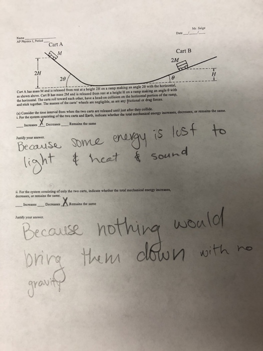 Solved Mr. Salge AP Physics 1, Period Cart B 2M 2H 2θ Cart A | Chegg.com