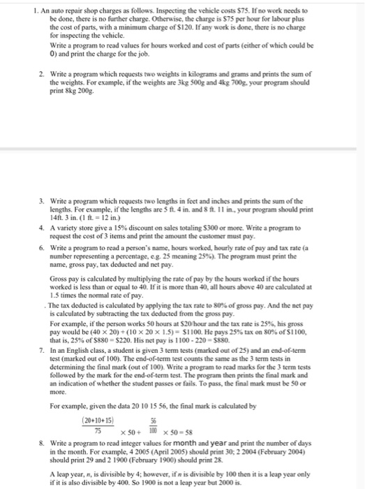 Solved 1. An auto repair shop charges as follows. Inspecting | Chegg.com