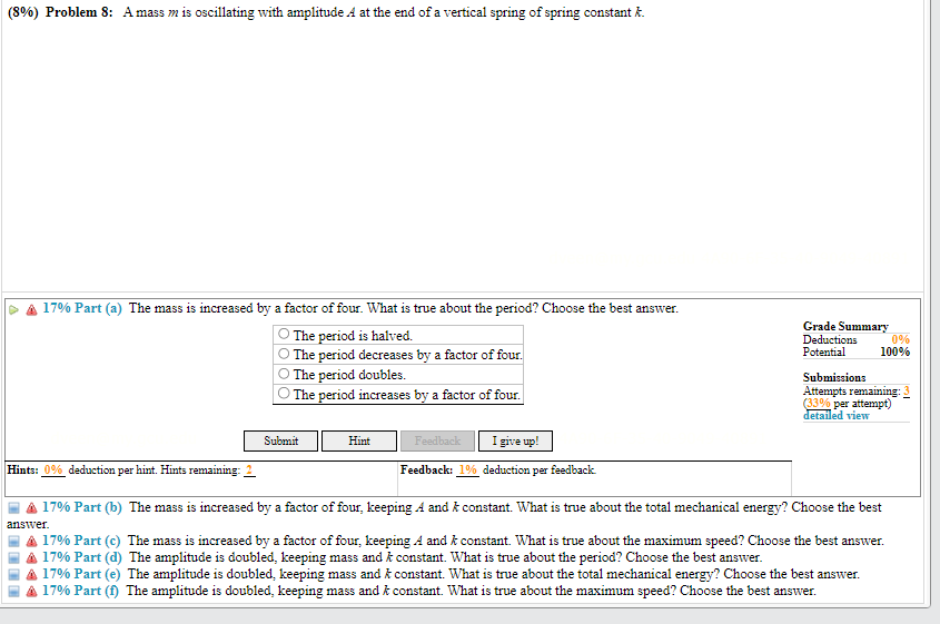 Solved (8\%) Problem 8: A mass m is oscillating with | Chegg.com