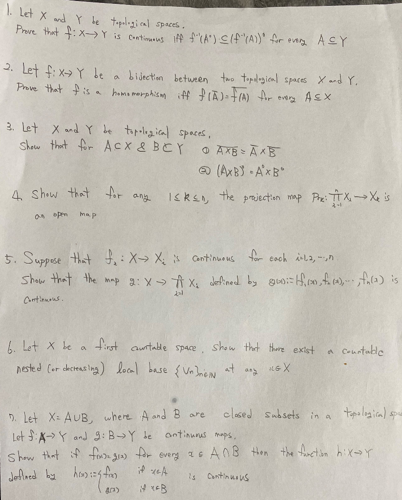 Solved 1. Let X and Y be topological spaces. Prove that f: | Chegg.com
