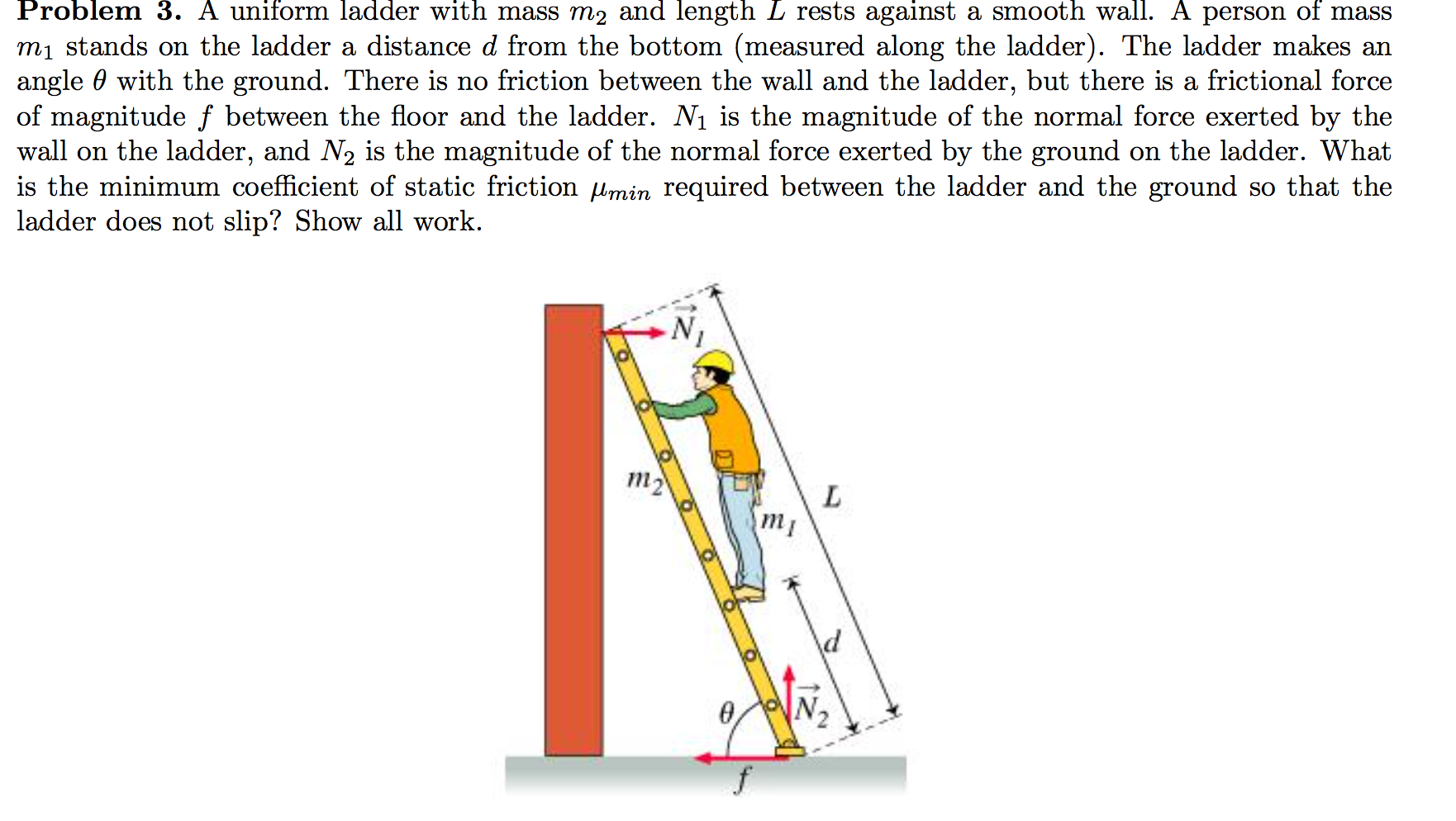 Solved Problem 3. A uniform ladder with mass m2 and length L | Chegg.com