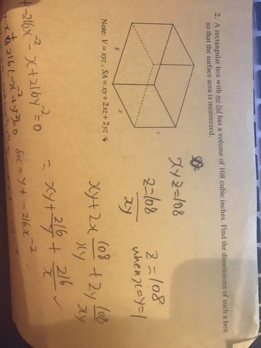 Solved A rectangular box with no lid has a volume of 108 | Chegg.com