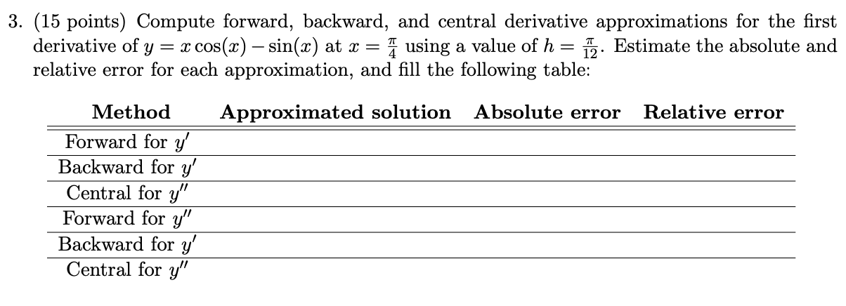 3. (15 points) Compute forward, backward, and central | Chegg.com 3. (15 points) Compute forward, backward, and central | Chegg.com