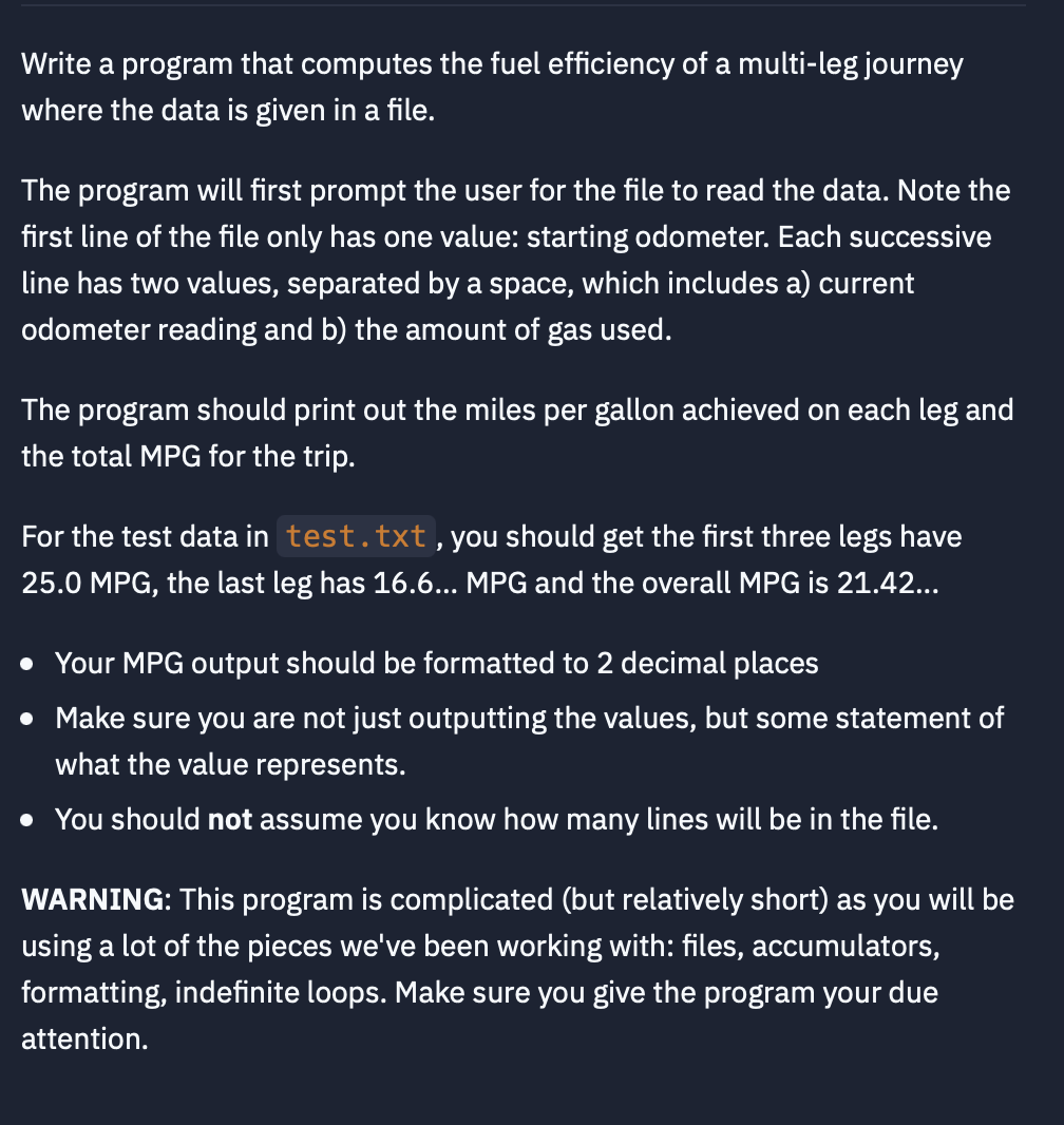 Solved Write a program that computes the fuel efficiency of | Chegg.com