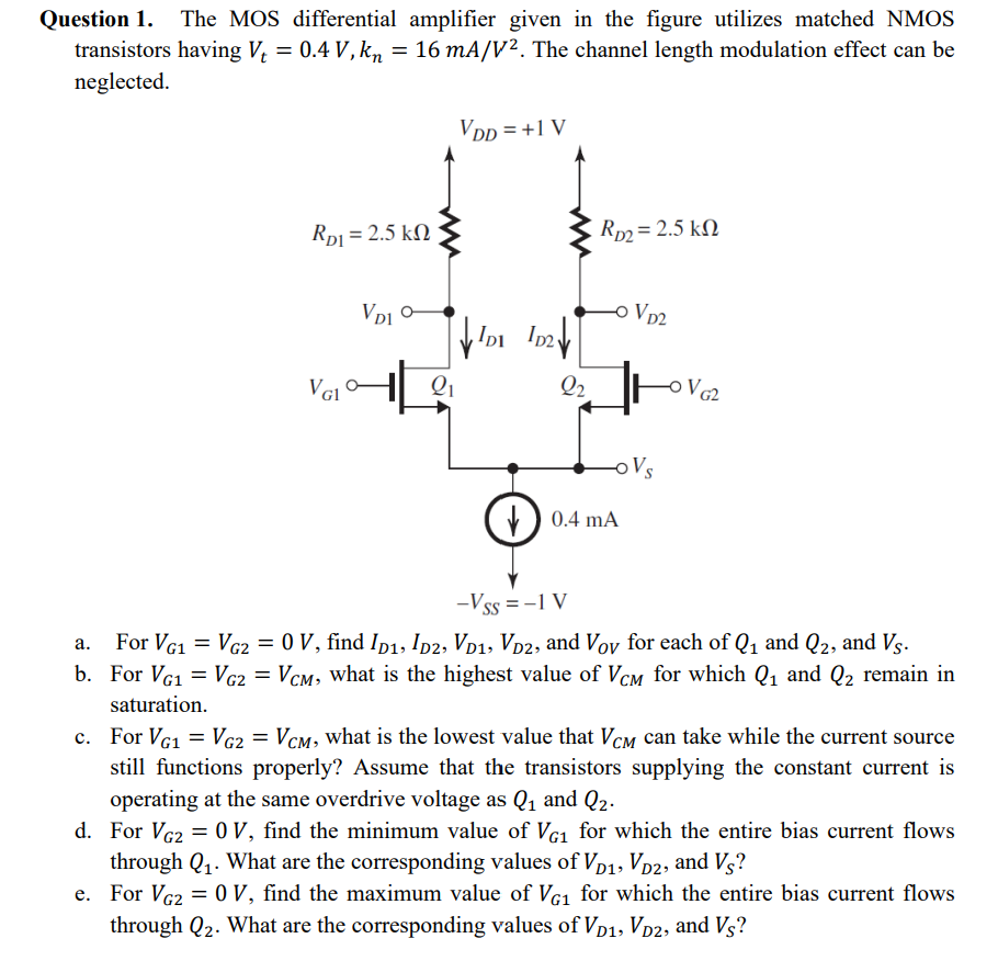 Solved Question 1. The MOS differential amplifier given in | Chegg.com