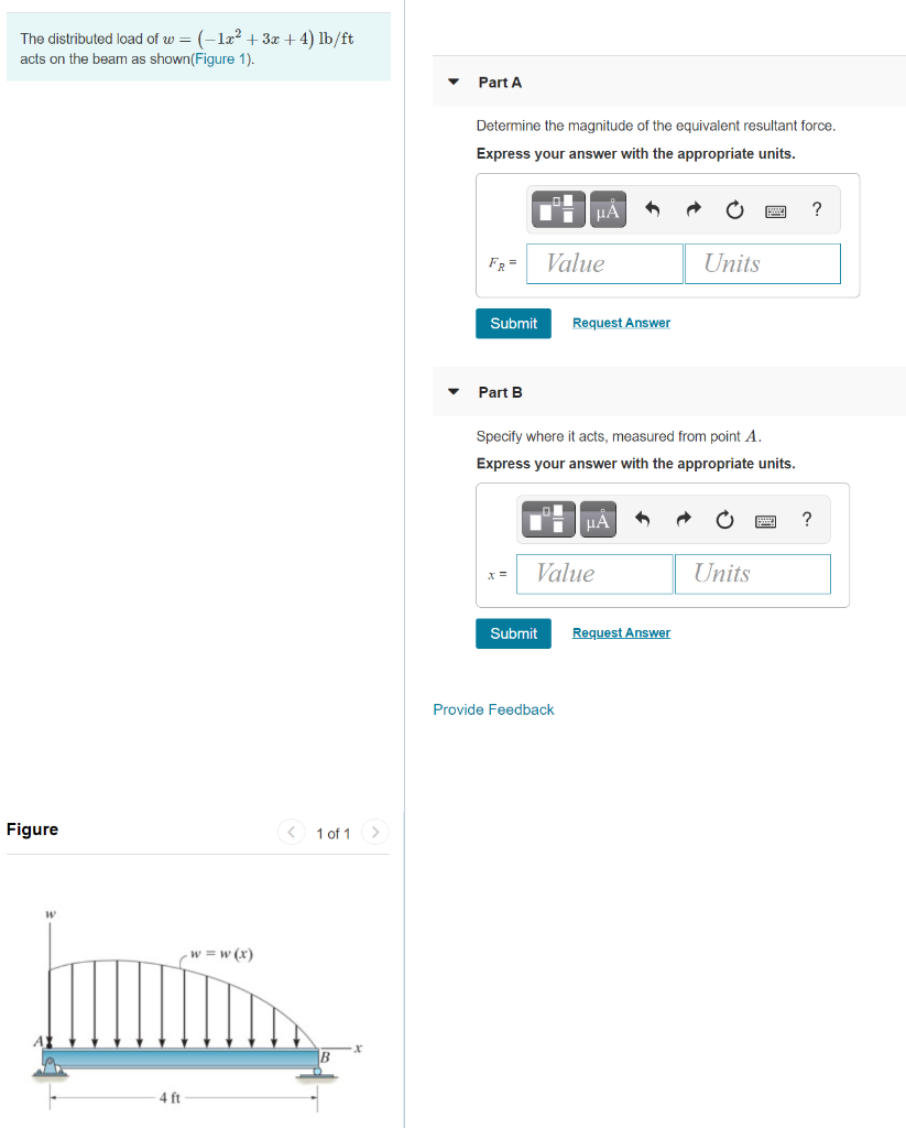 Solved The distributed load of w= (-12+ 3x + 4) lb/ft acts | Chegg.com