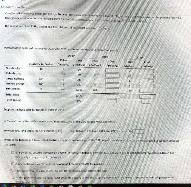 Solved Module Three Quiz Consider a fictional price index, | Chegg.com