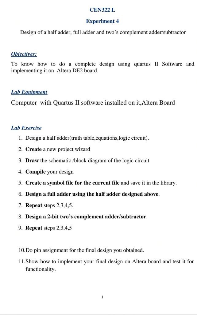 CEN322 L Experiment 4 Design of a half adder, full | Chegg.com