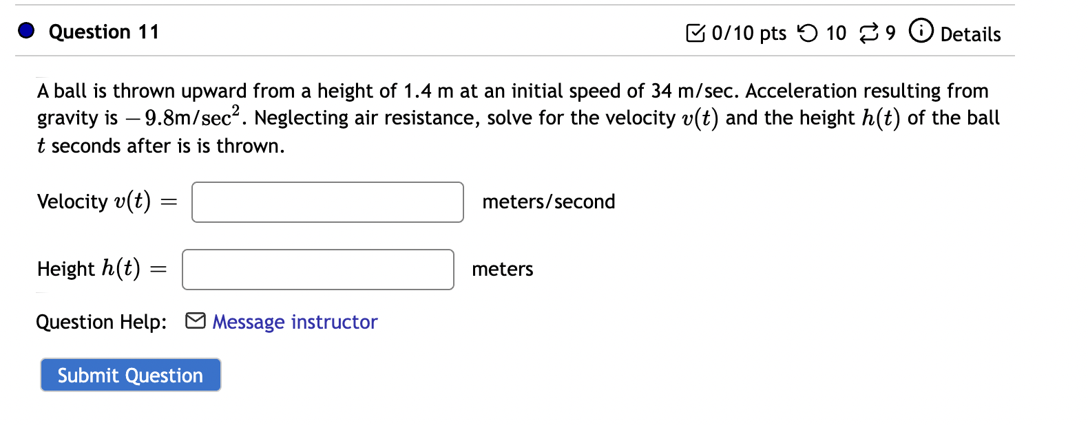 Solved A ball is thrown upward from a height of 1.4 m at an | Chegg.com