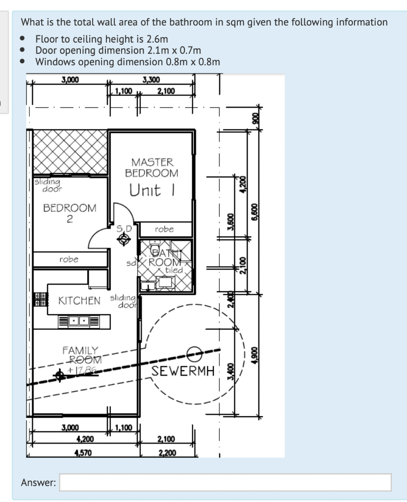 Solved What is the total wall area of the bathroom in sqm | Chegg.com