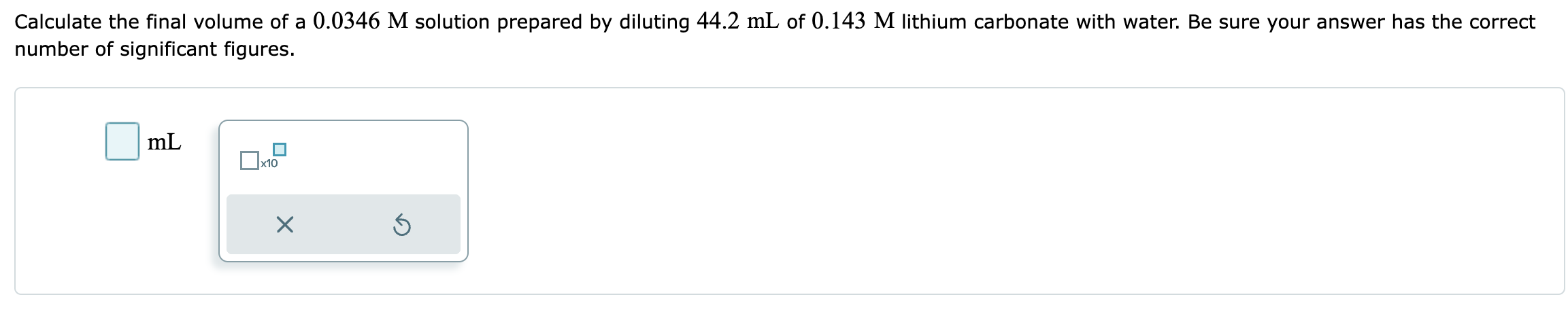 Solved Calculate the final volume of a 0.0346M solution | Chegg.com