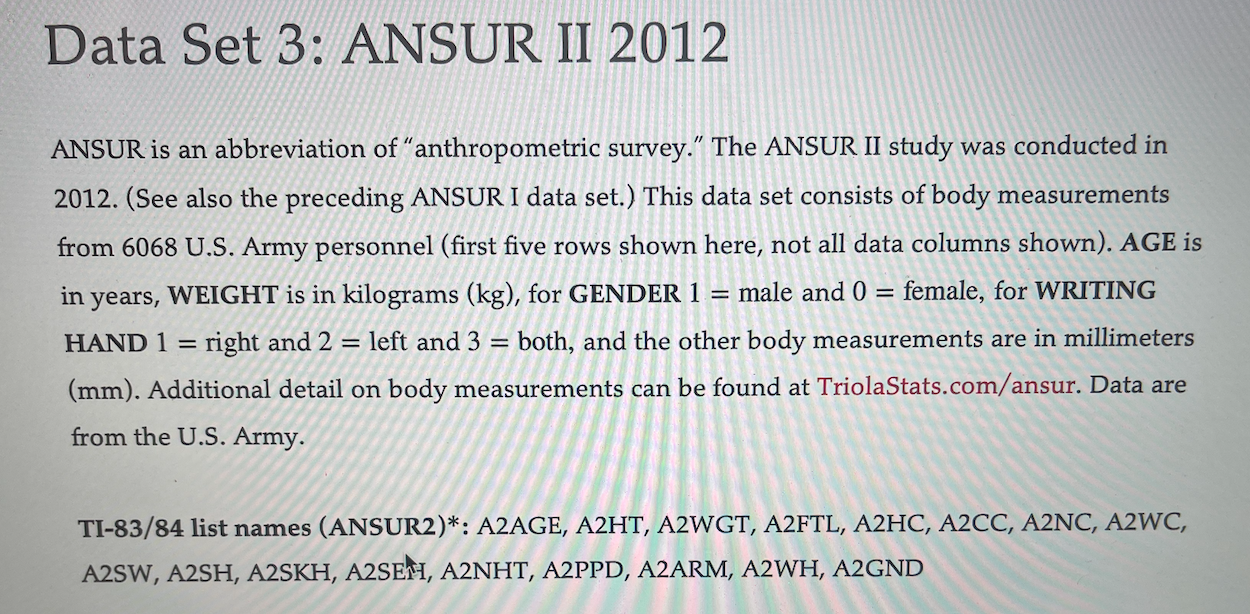 Solved Excel Project Data Set 3 “ANSUR II 2012” includes | Chegg.com