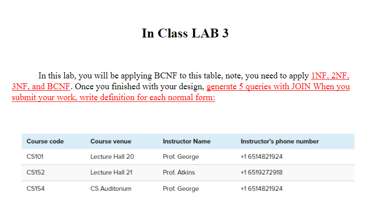 Solved In Class LAB 3 In this lab, you will be applying BCNF | Chegg.com