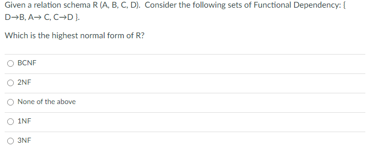Solved Given a relation schema R (A, B, C, D). Consider the | Chegg.com