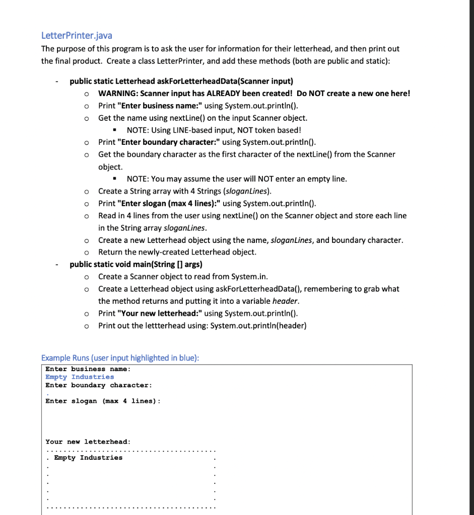 Solved Letterhead.java Create a java file with a public | Chegg.com