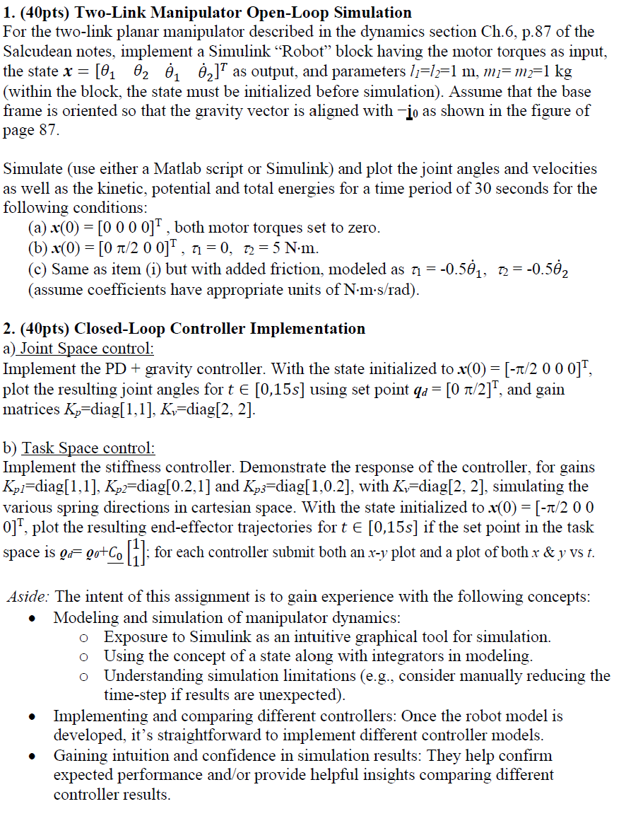 1. (40pts) Two-Link Manipulator Open-Loop Simulation | Chegg.com
