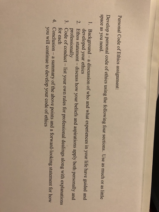 Personal Code of Ethics assignment: Develop a | Chegg.com