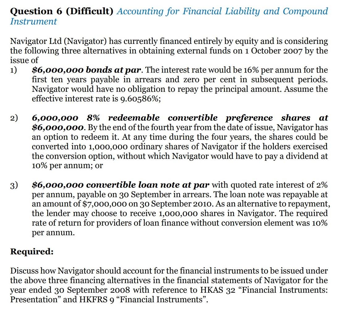 Solved Question 6 (Difficult) Accounting for Financial | Chegg.com