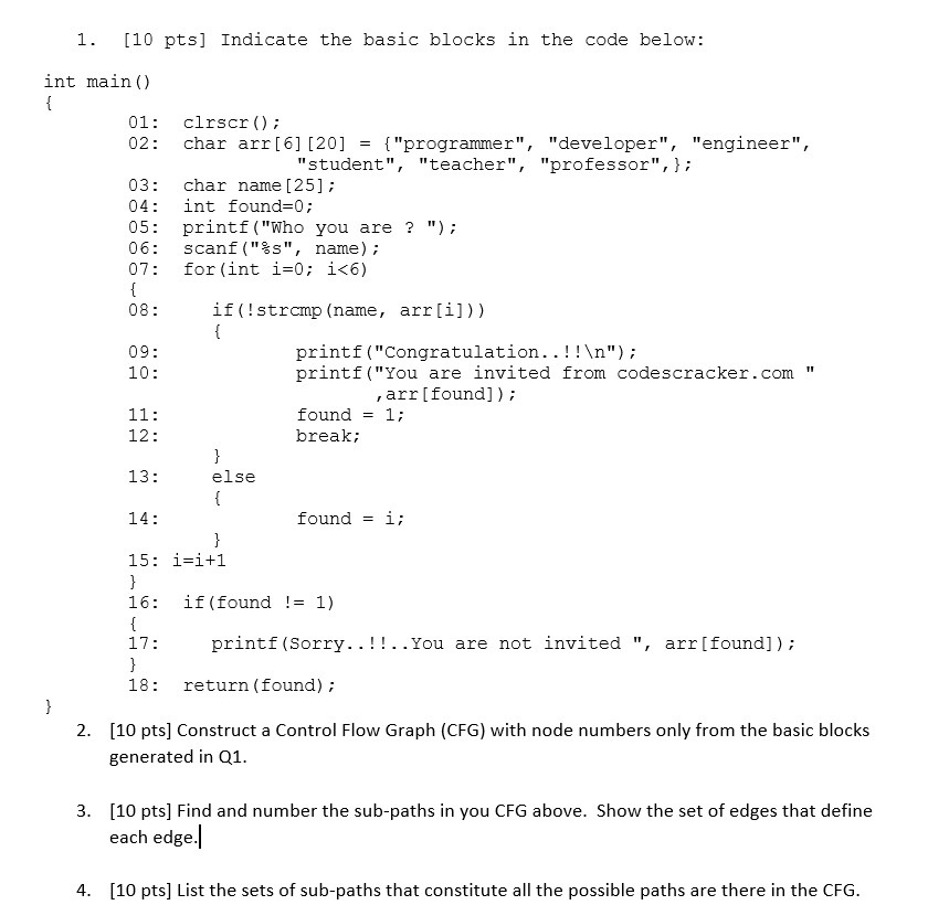 1. [10 pts] Indicate the basic blocks in the code | Chegg.com