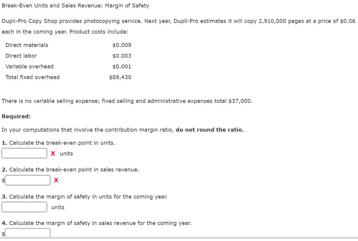 Solved Break-Even Units and Sales Revenue: Margin of Safety | Chegg.com