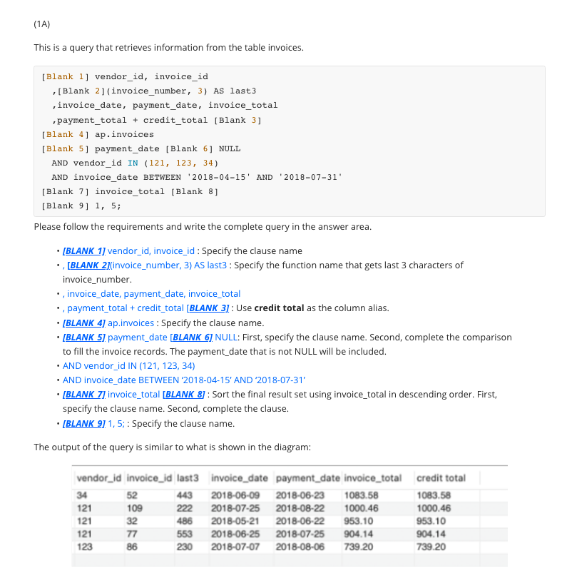 Solved [Blank 1] vendor_id, invoice_id , [Blank | Chegg.com
