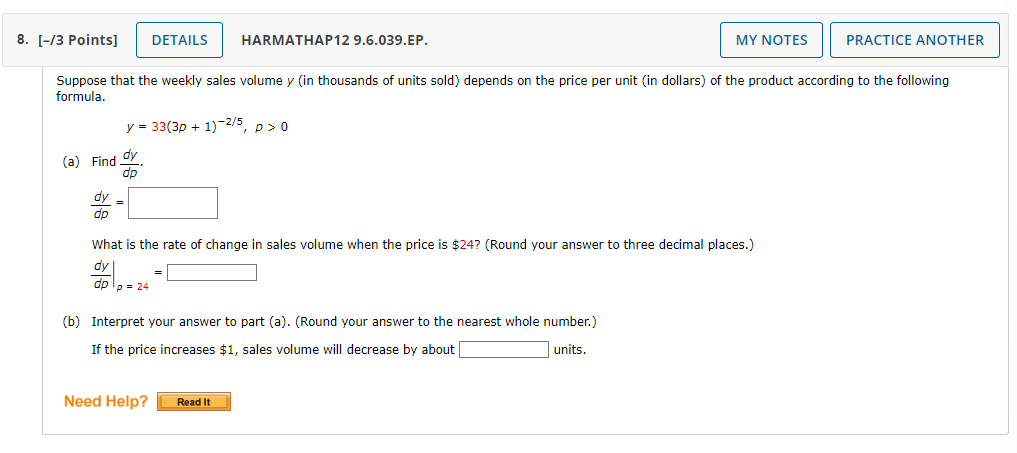 Solved Suppose that the weekly sales volume y (in thousands | Chegg.com