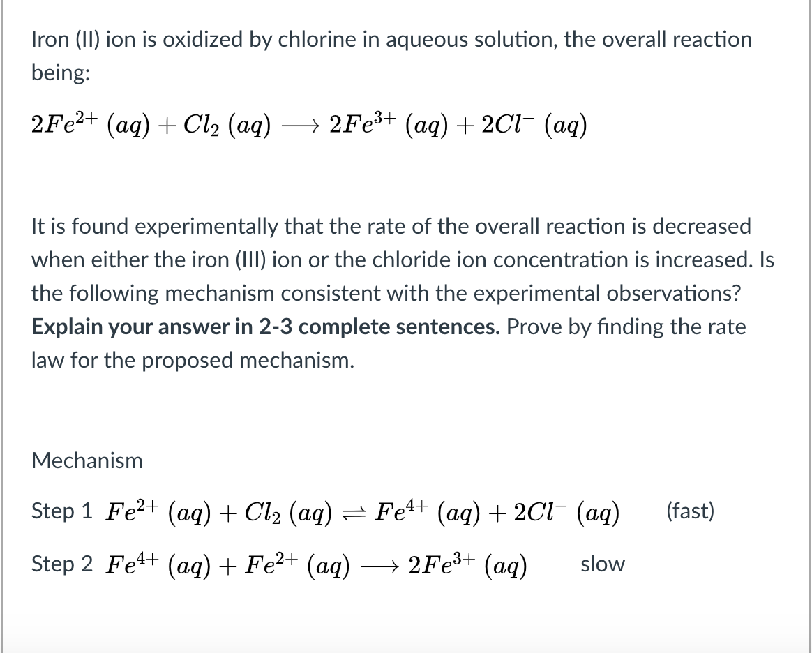 Solved Iron (II) ion is oxidized by chlorine in aqueous | Chegg.com