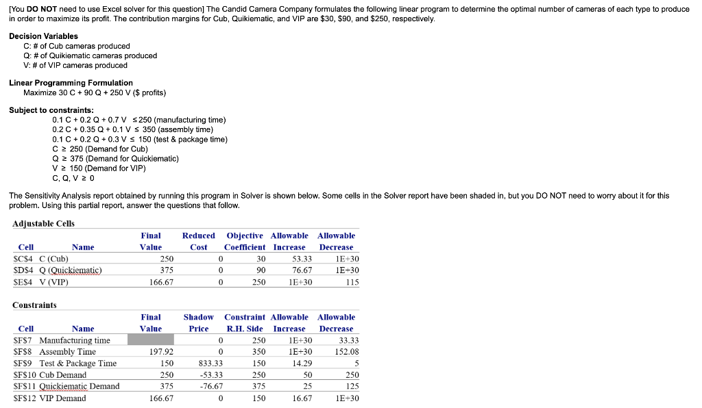Solved [You DO NOT need to use Excel solver for this | Chegg.com