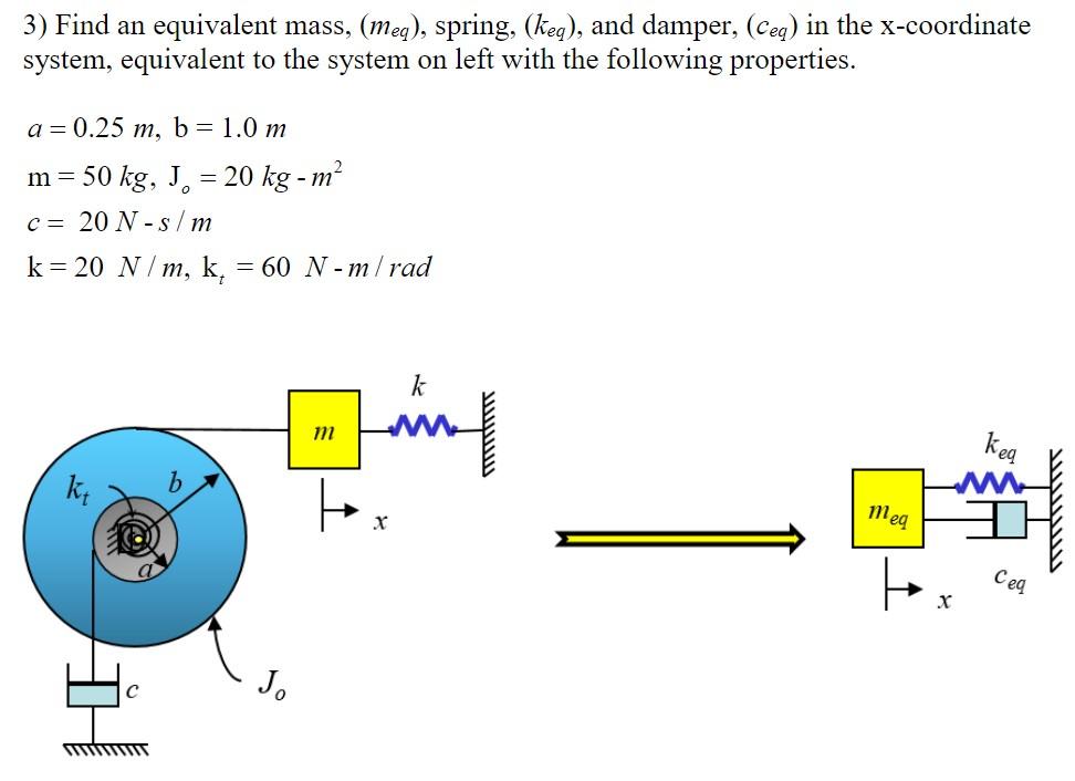 Solved 3) Find an equivalent mass, (meq), spring, (keq), and | Chegg.com