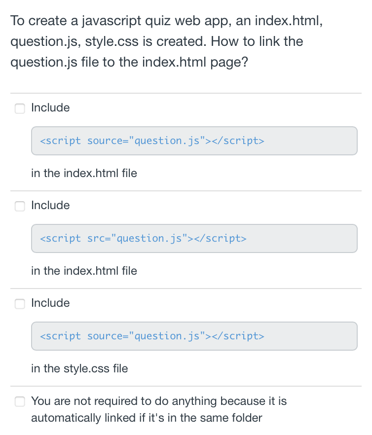 Solved To create a javascript quiz web app, an index.html, | Chegg.com