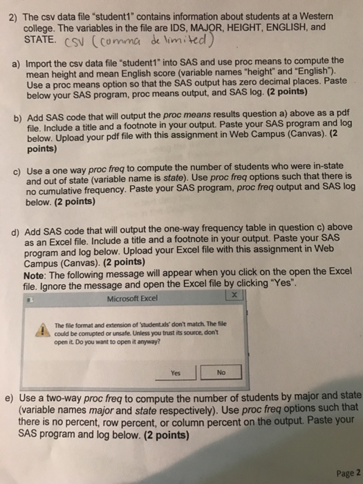 Solved 2) The csv data file "student1" contains information | Chegg.com