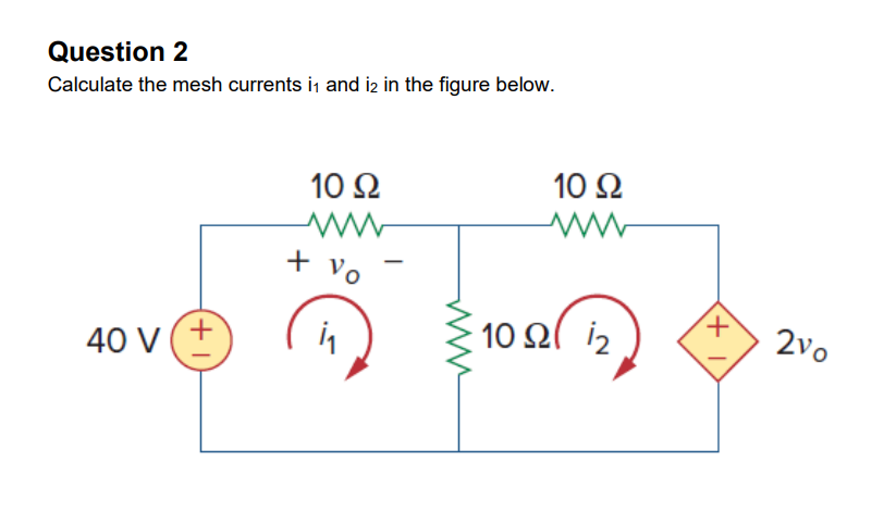 Solved Question 2 Calculate the mesh currents i1 and i2 in | Chegg.com