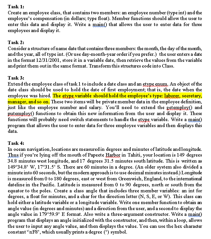 Solved Task 1: Create an employee class, that contains two | Chegg.com