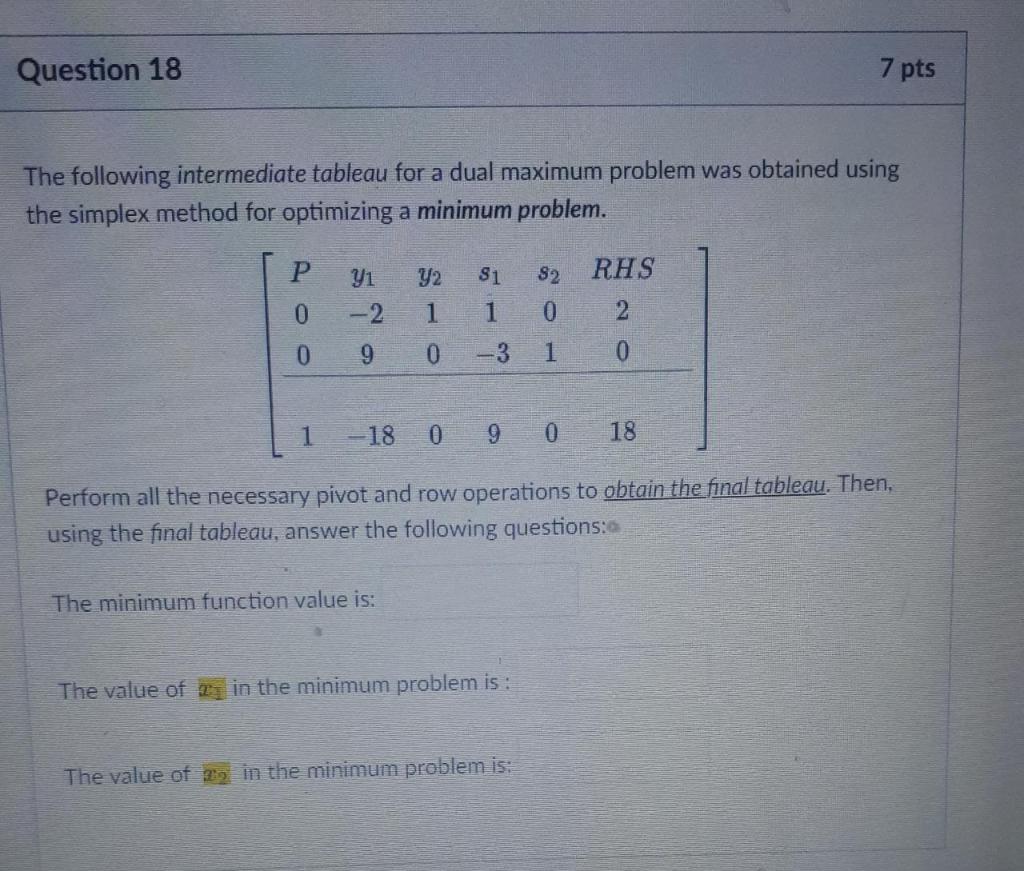 Solved Question 18 7 pts The following intermediate tableau | Chegg.com