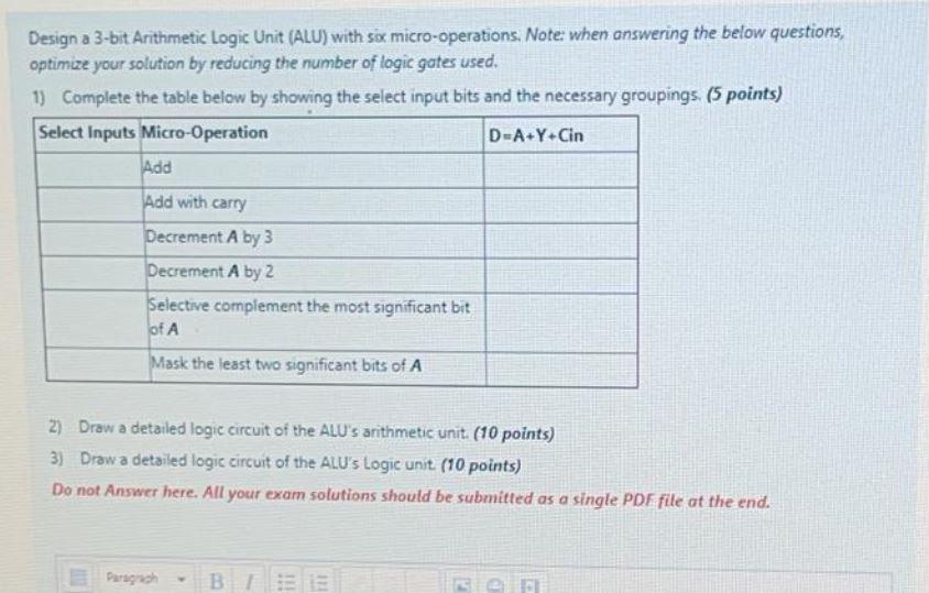 Design a 3-bit Arithmetic Logic Unit (ALU) with six | Chegg.com