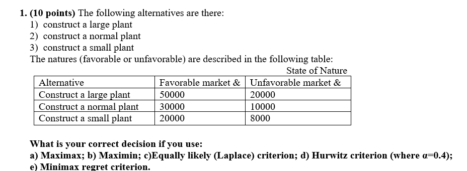 Solved 1. (10 points) The following alternatives are there: | Chegg.com