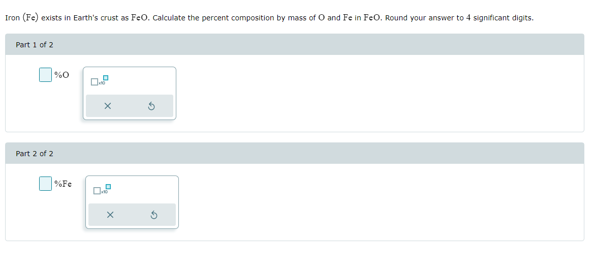 Solved Iron (Fe) exists in Earth's crust as FeO. Calculate | Chegg.com Solved Iron (Fe) exists in Earth's crust as FeO. Calculate | Chegg.com