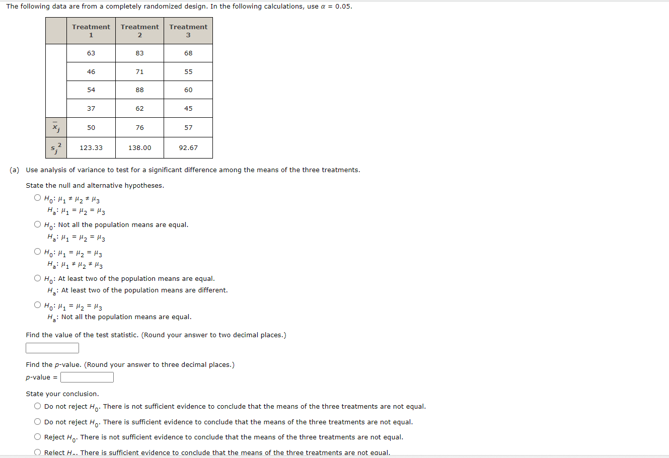 Solved following data are from a completely randomized | Chegg.com