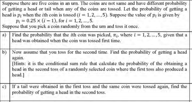Solved Suppose there are five coins in an urn. The coins are | Chegg.com