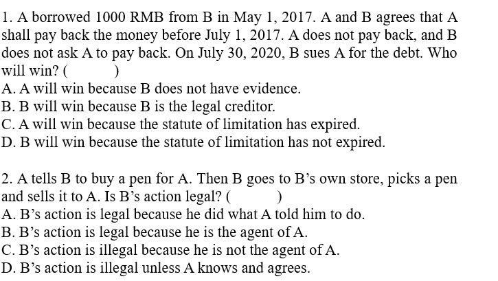 Solved 1. A borrowed 1000 RMB from B in May 1,2017 . A and B | Chegg.com