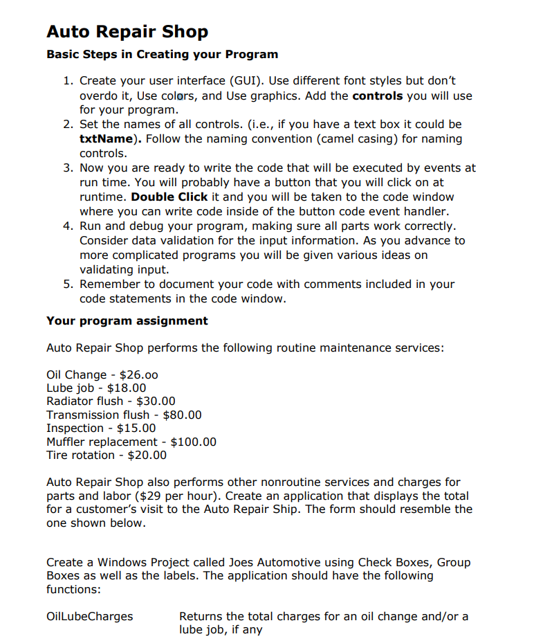 Solved Auto Repair Shop GUI in C#Please make sure to post | Chegg.com