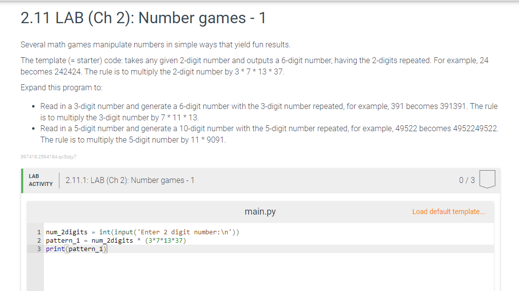 Solved 2.11 LAB (Ch 2): Number games - 1 Several math games | Chegg.com