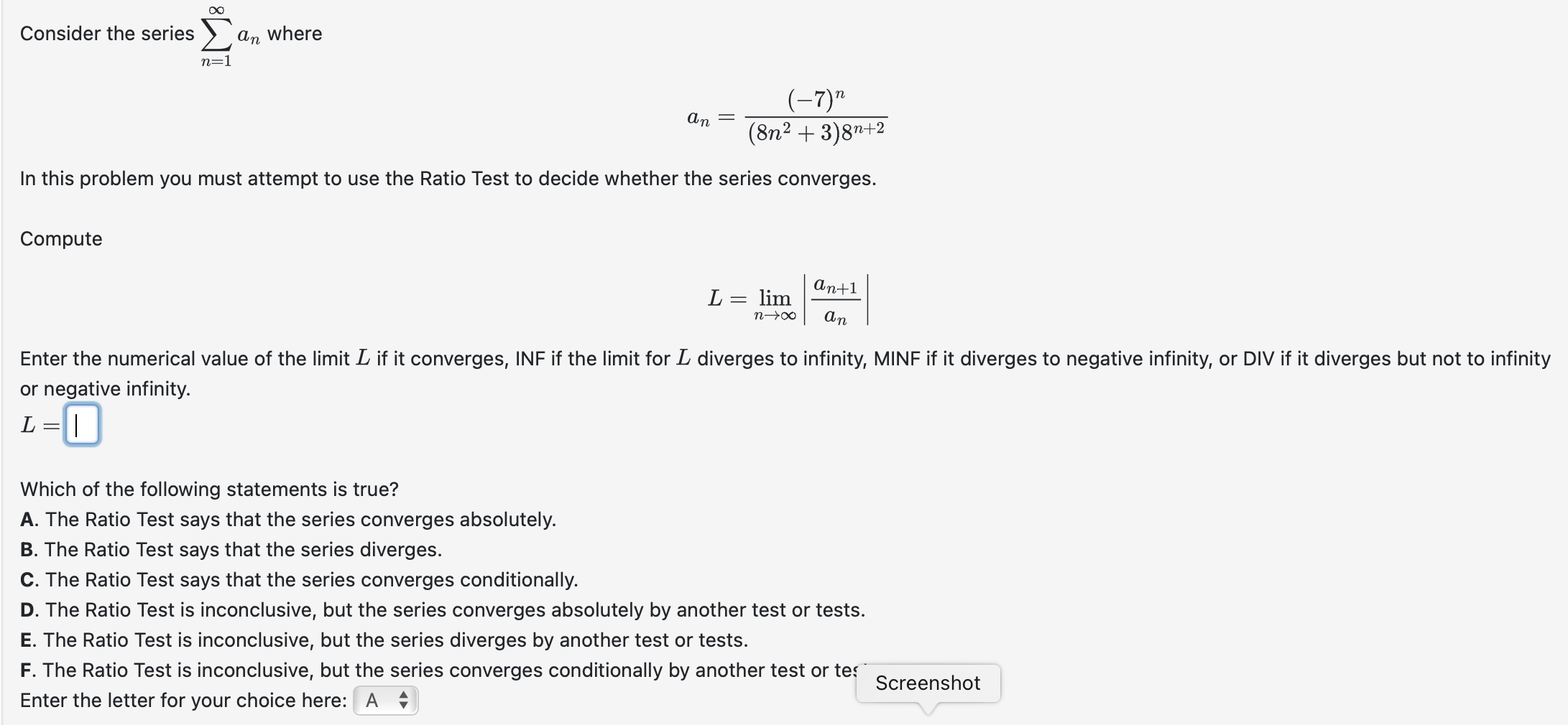 Solved Consider the series ∑n=1∞an where an=(8n2+3)8n+2(−7)n | Chegg.com