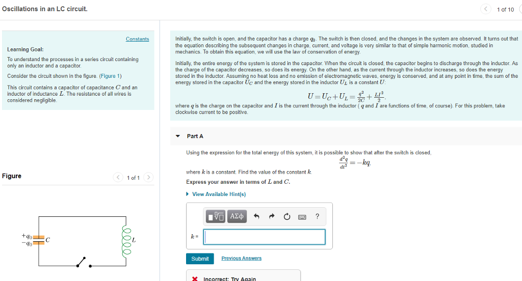 Oscillations in an LC circuit. 1 of 10 Initially, the | Chegg.com